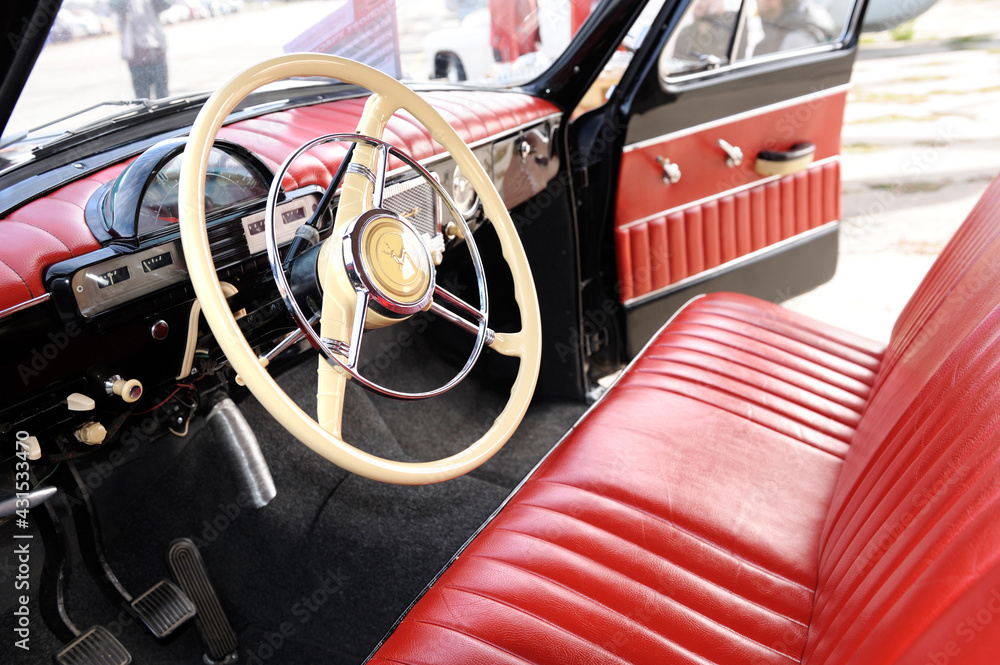 Interior of an old car GAZ-21 Volga, model 1967 year, made in USSR ...