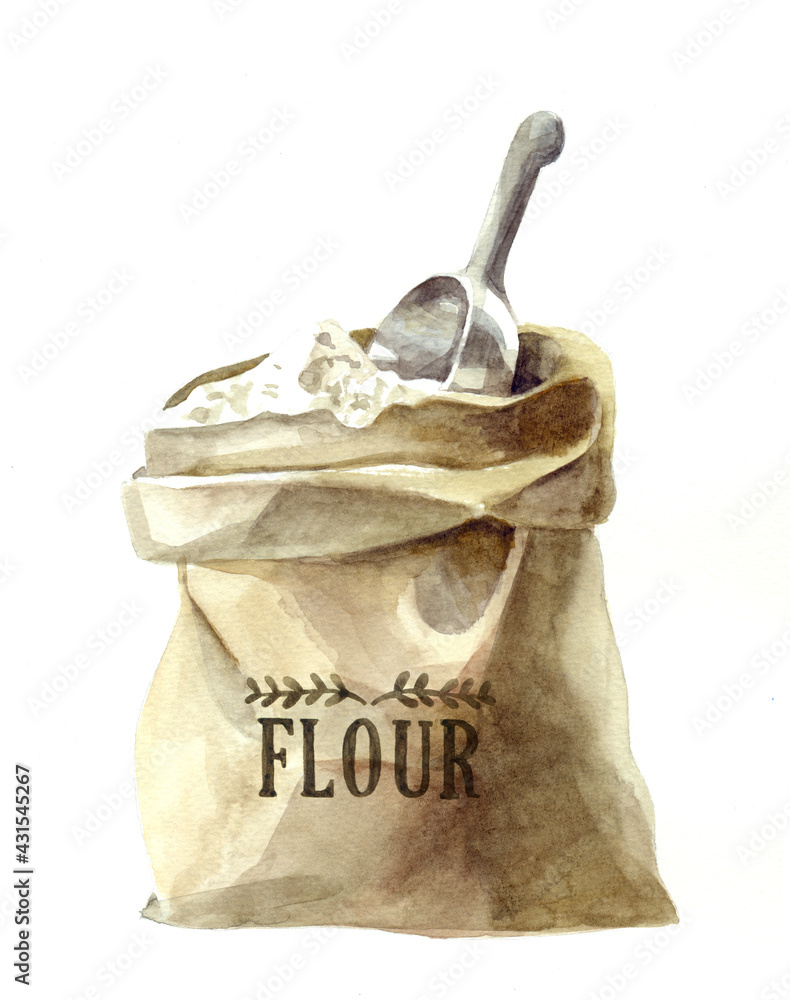 Watercolor illustration in vintage style, white background. Open bag of ...