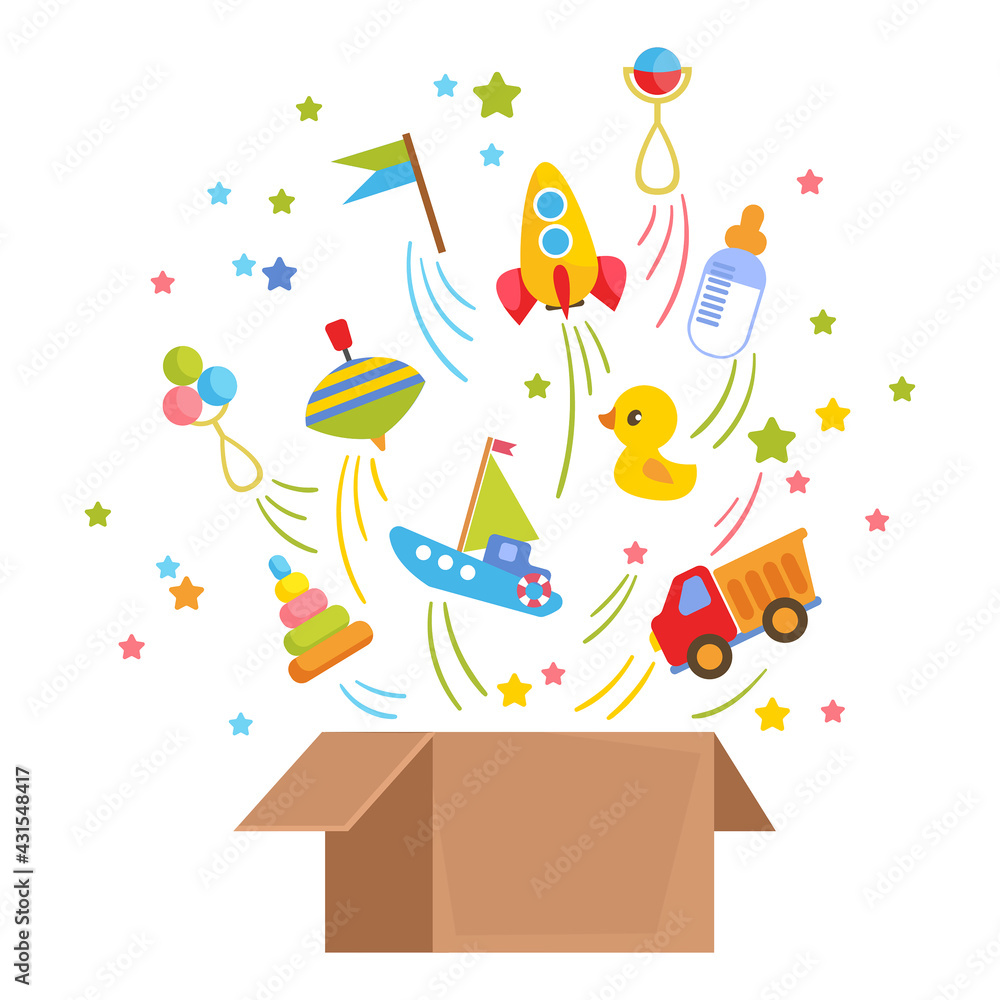 Open cardboard box package with a set of children s toys inside ...