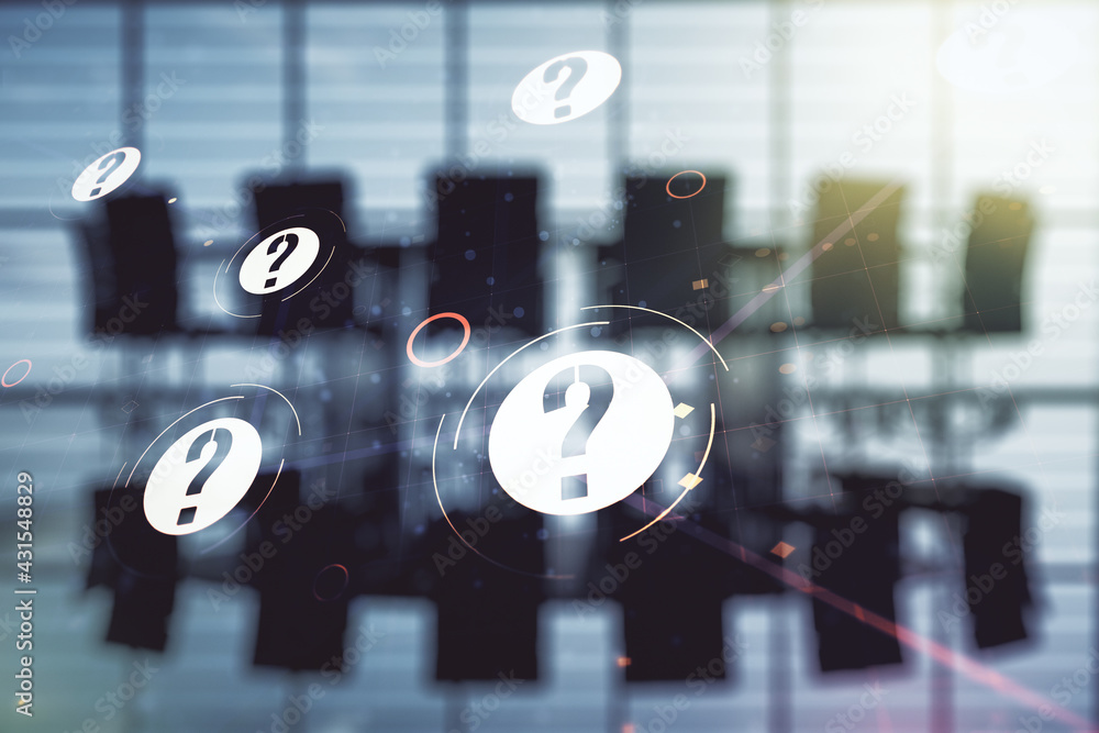 Abstract virtual question mark hologram on a modern coworking room ...