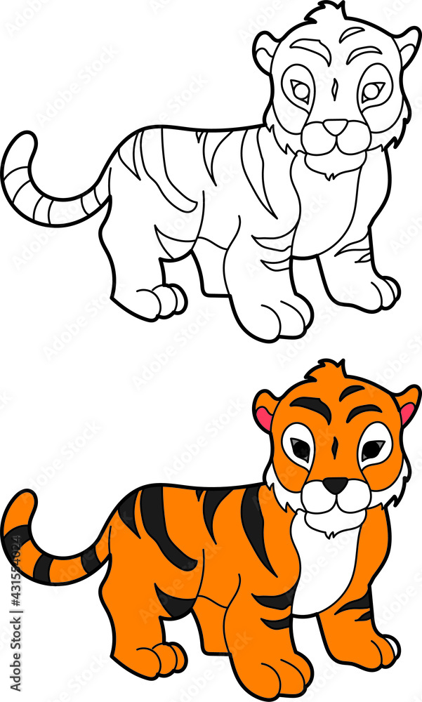 Tiger vector drawing cartoon coloring for children line art and colored ...