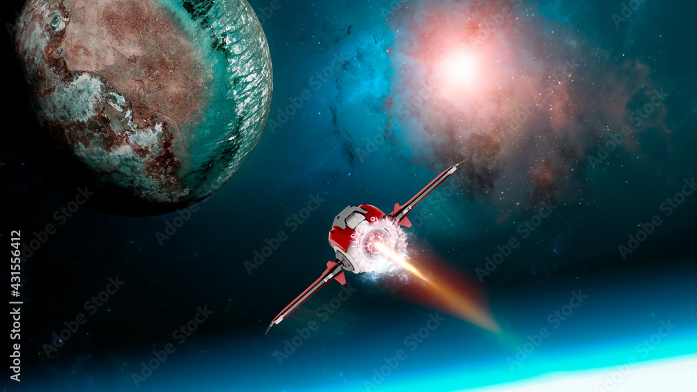Spaceship traveling between planets of distant galaxies. Exploration of ...