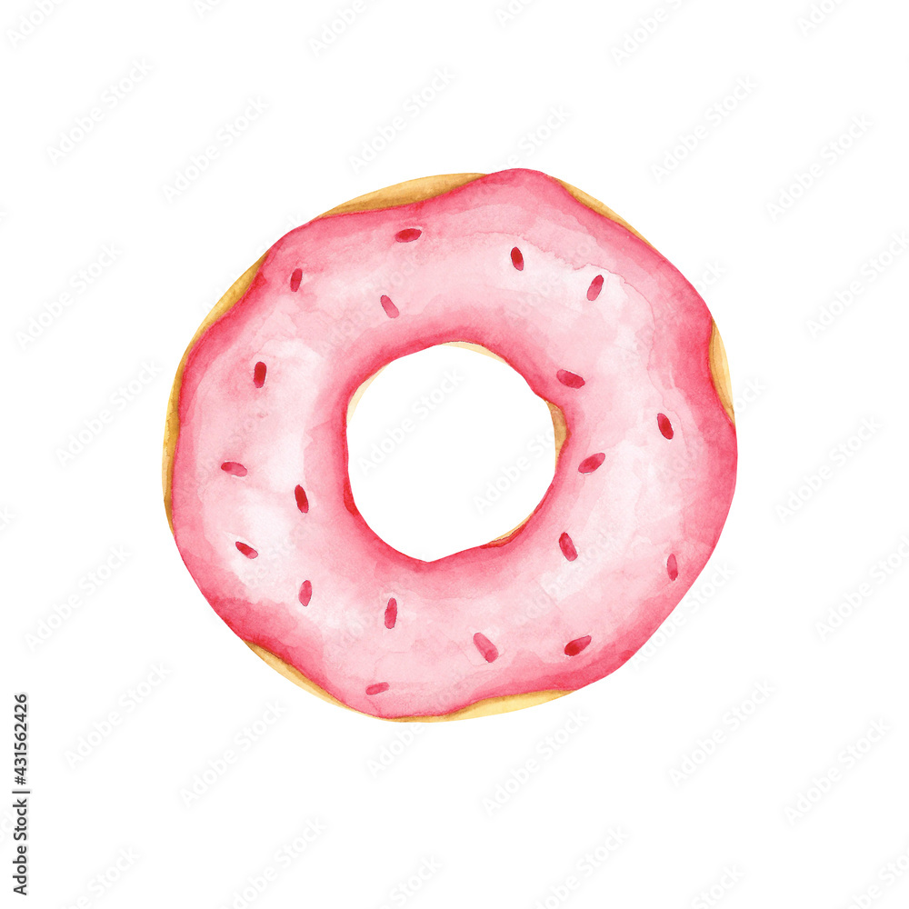 Watercolor pink donut illustration isolated on white background ...