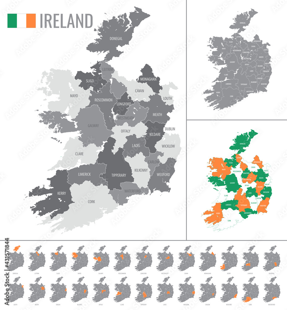 Detailed vector map of regions of Ireland with flag Stock Vector ...