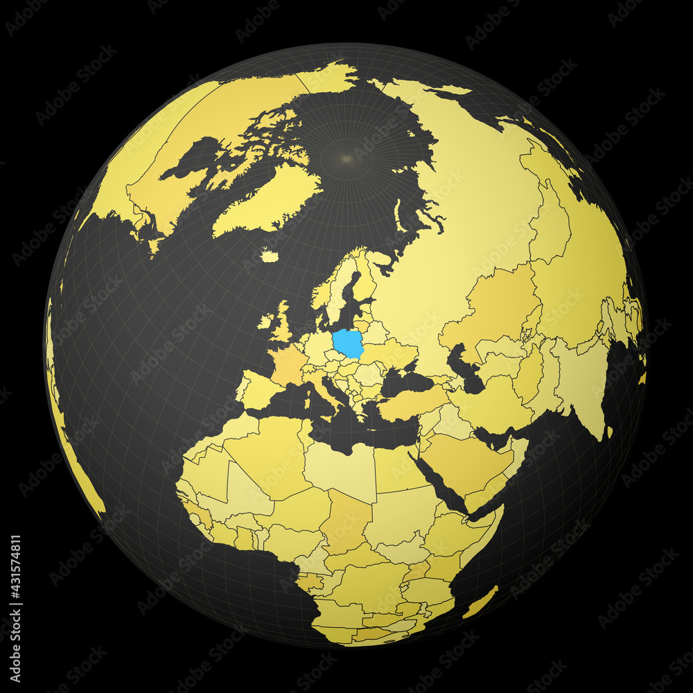 Poland on dark globe with yellow world map. Country highlighted with ...
