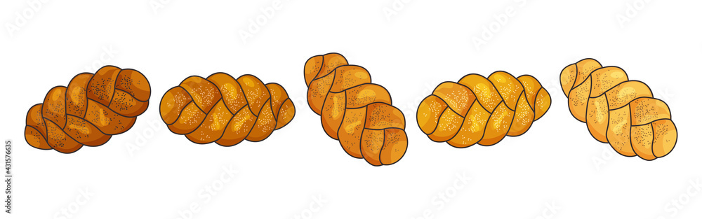 Challah vector icon. Holiday jewish braided loaf set, shabbat bread ...