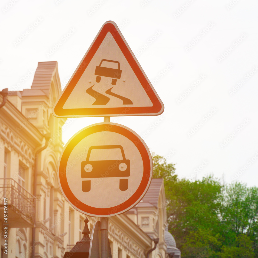 car signs in the old town in summer, no entry sign Stock Photo | Adobe ...