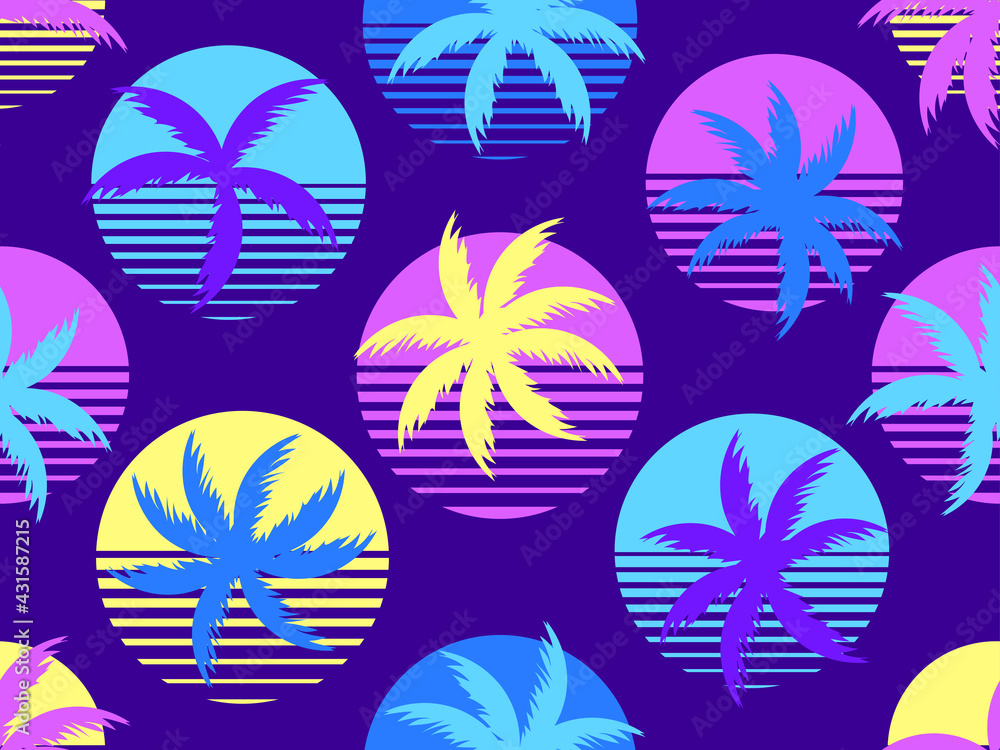 Palm tree and sun 80s style seamless pattern. Retro futuristic sun with ...