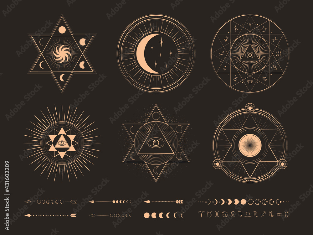 Witch Magic, Mystical and Astrology objects symbols. Golden mystery ...