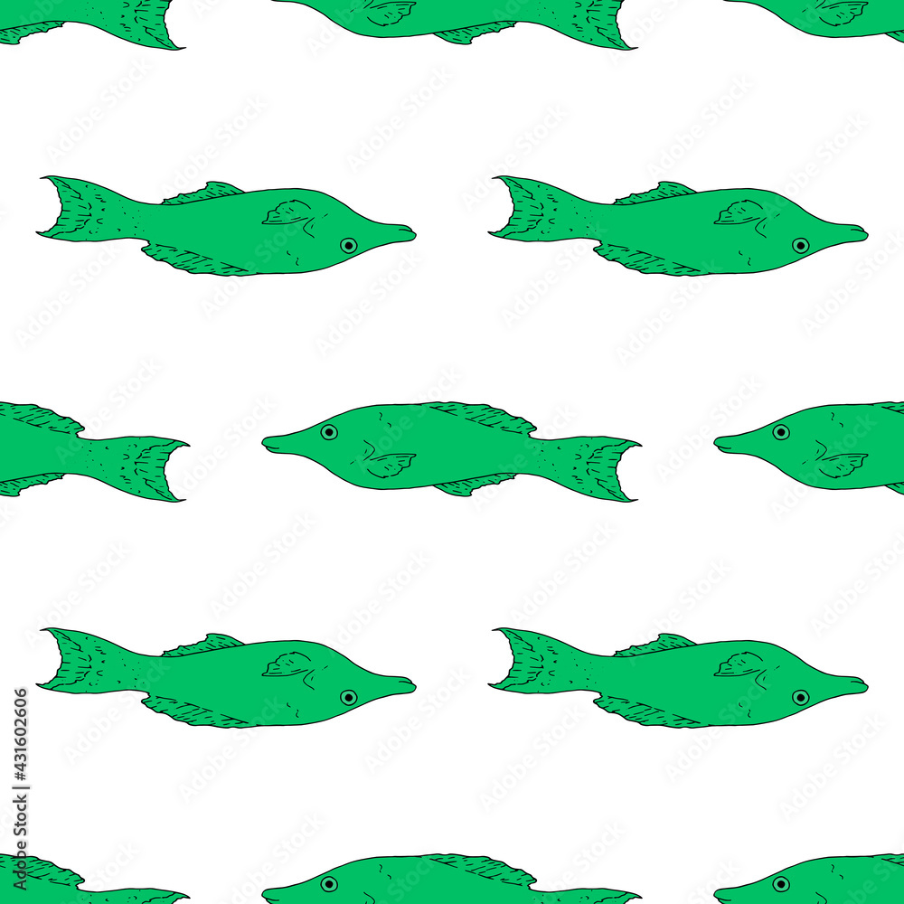 Vector seamless pattern of green sea fish Gomphosus varius swimming in ...