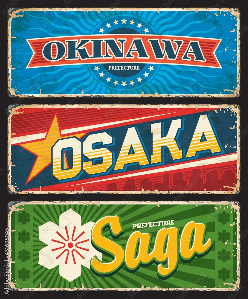 Okinawa, Osaka and Saga tin signs, Japan prefecture vector plate ...