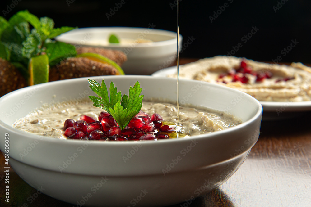 Traditional Middle Eastern food. Lebanese food. Arabian Baba Ghanoush ...