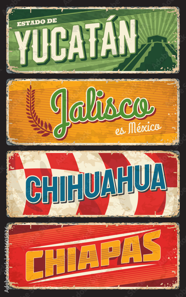 Mexico states signs of Yucatan, Chihuahua, Jalisco and Chiapas vector ...
