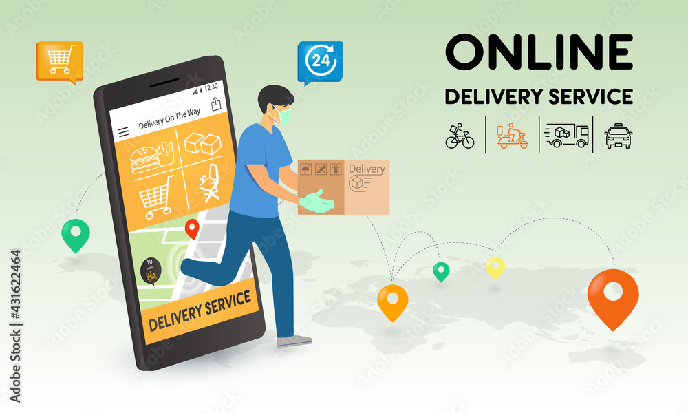 Online Delivery Service Smartphone Shows Service Icons and Map with ...