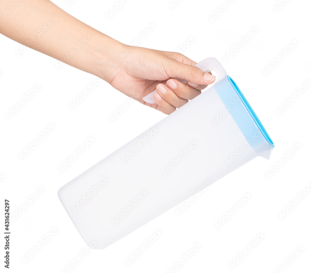 hand holding plastic pitcher isolated on white background Stock Photo ...