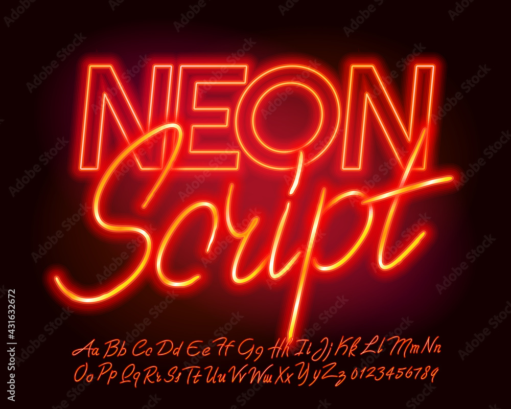 Vecteur Stock Neon Script font. Neon color letters and numbers ...