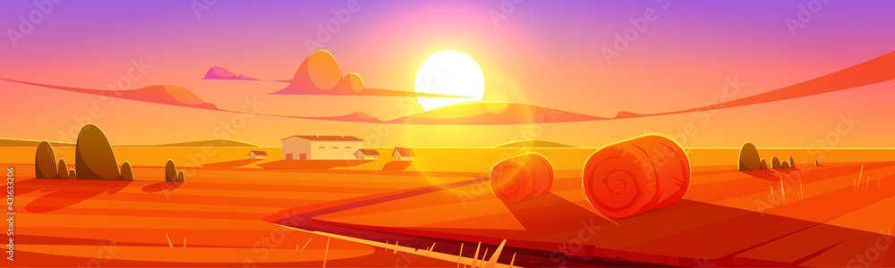 Sunset scenery rural landscape, field with hay stacks and farm ...