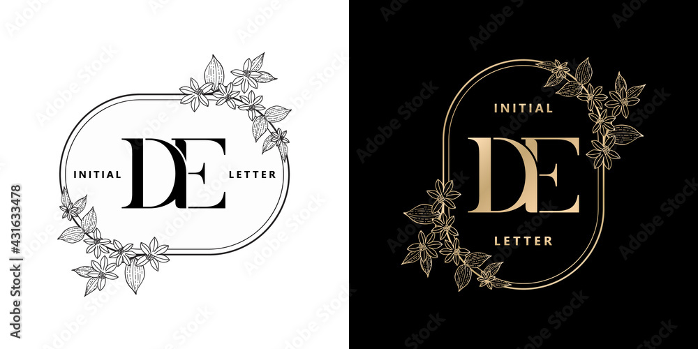 illustration of floral frame for DE initial letter and graphic name, D ...