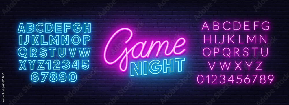 Game night neon sign on brick wall background. Neon blue and pink ...