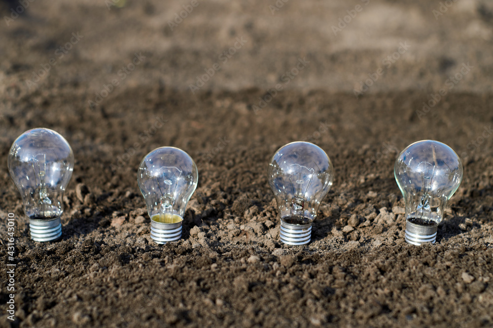 Incandescent light bulbs on the ground. Symbol of unwise use of natural ...