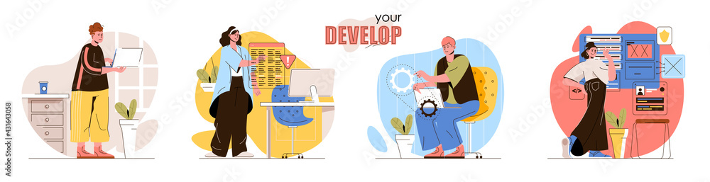 Develop concept scenes set. Developers coding, programs development ...