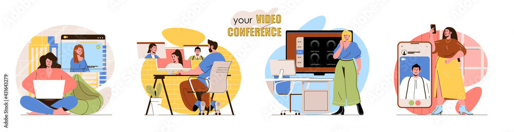 Video conference concept scenes set. Men and women make video calls ...