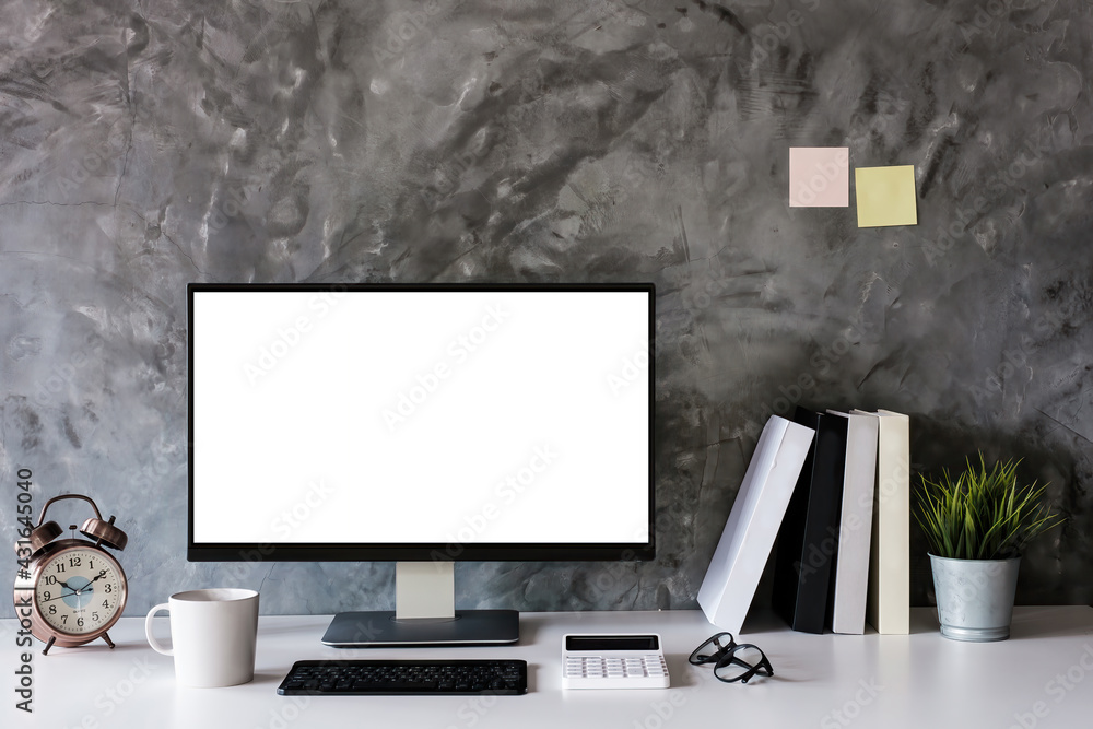 Front view of Mock up computer and office supplies gadget. Blank screen ...