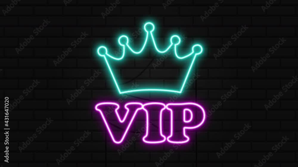 Neon light. Neon lettering VIP, crown. Flashing neon light. Brick ...
