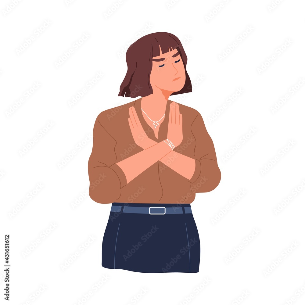 Frowned woman with negative face expression saying no, showing denial ...