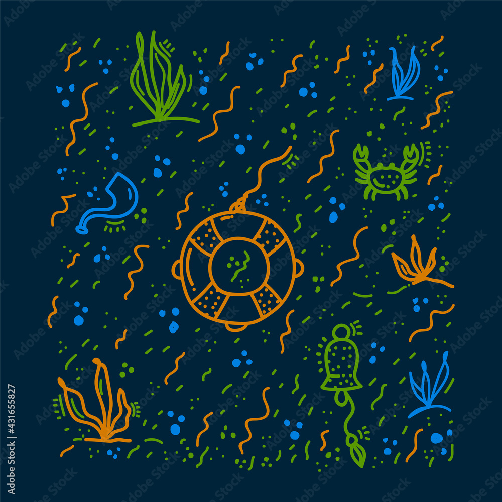 Hand-drawn sea life. Doodle illustration of the Sea and Oceans, the ...