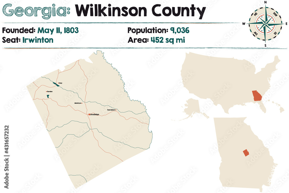 Large and detailed map of Wilkinson county in Georgia, USA. Stock ...