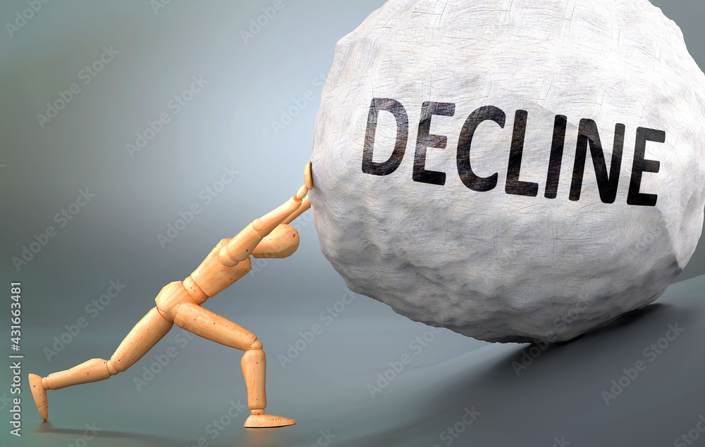 Decline and painful human condition, pictured as a wooden human figure ...