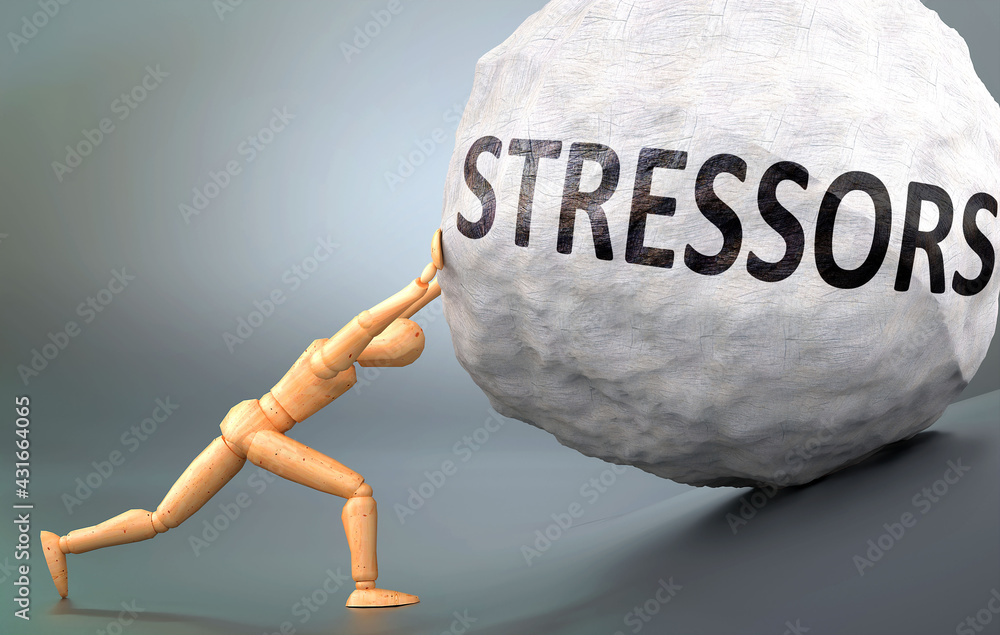 Stressors and painful human condition, pictured as a wooden human ...