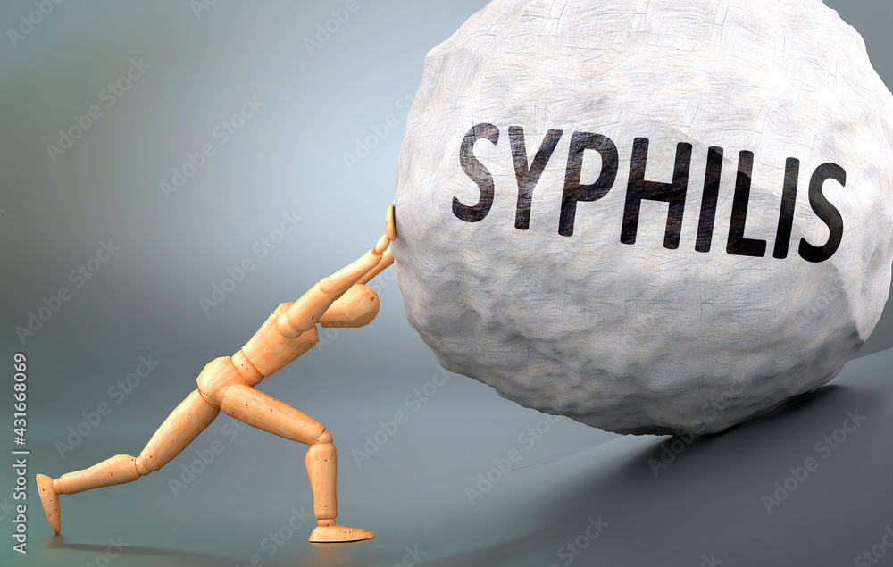 Syphilis and painful human condition, pictured as a wooden human figure ...