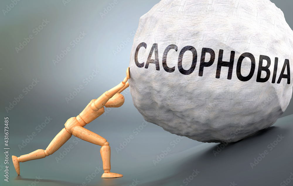 Cacophobia and painful human condition, pictured as a wooden human ...