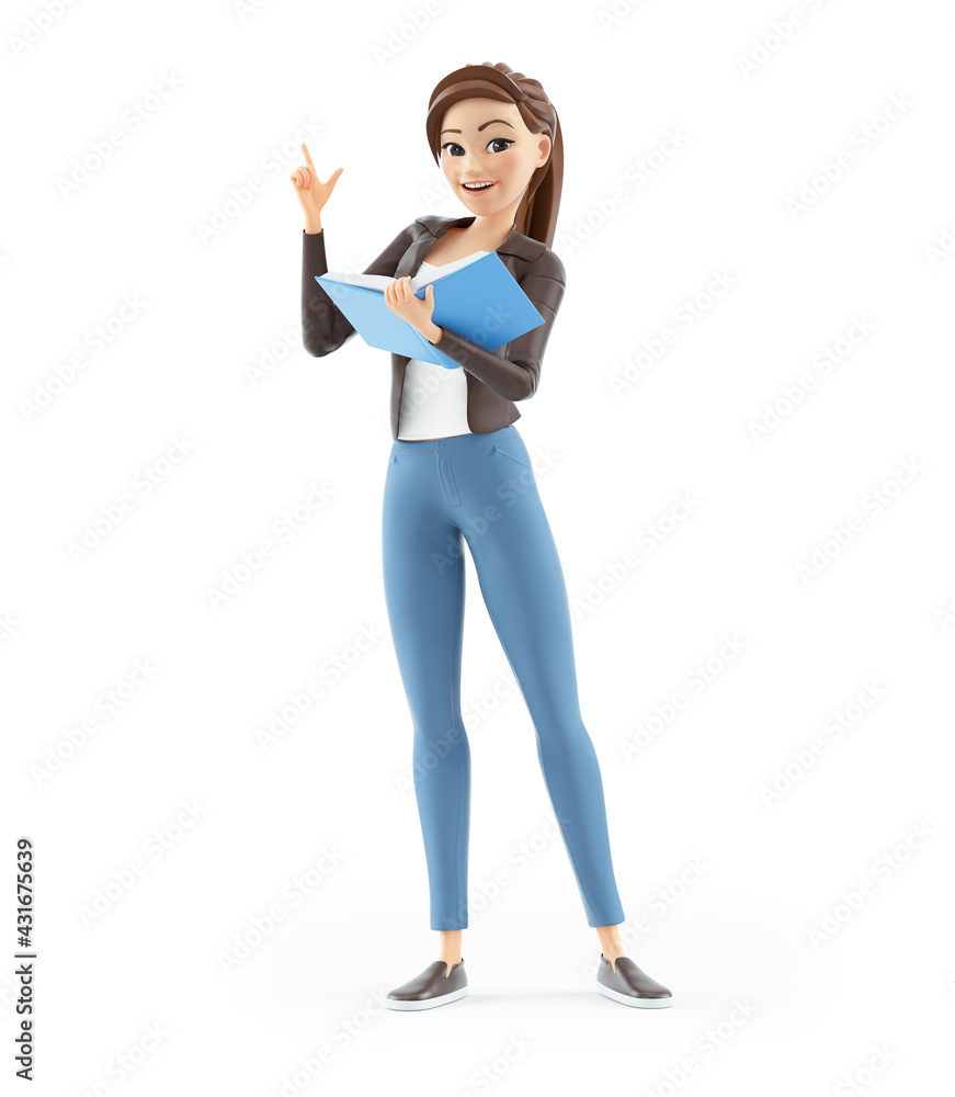 3d cartoon woman standing with book Stock Illustration | Adobe Stock