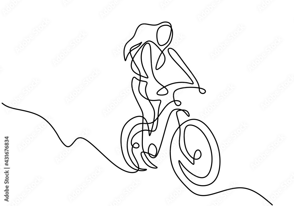 One continuous line drawing of young sporty woman riding bicycle and ...
