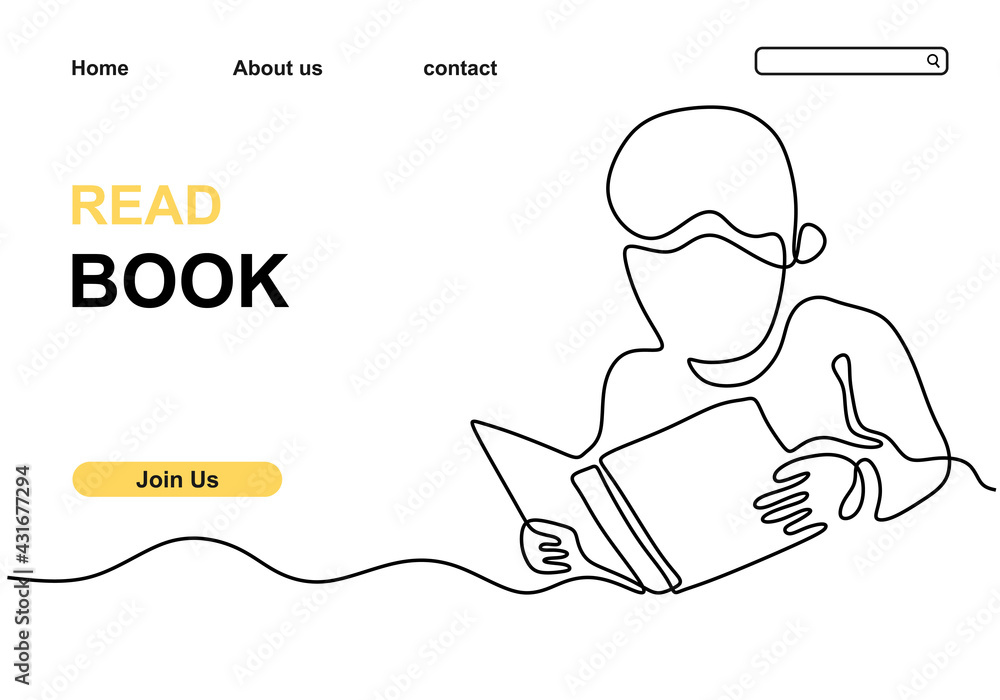 Continuous line drawing of a boy reading a book. Young teenager boy sit ...