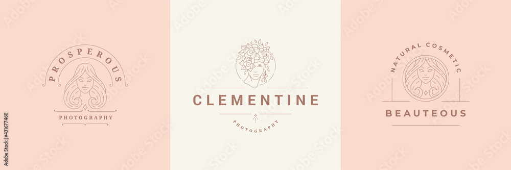 Feminine logos emblems design templates set with magic female portraits ...