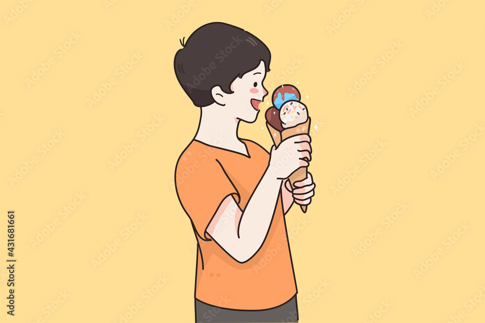 Happy child eating sweets concept. Smiling positive kid boy cartoon ...