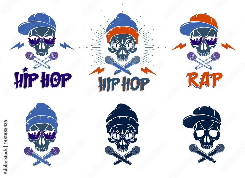 Rap music vector set logos or emblems with aggressive skull and two ...