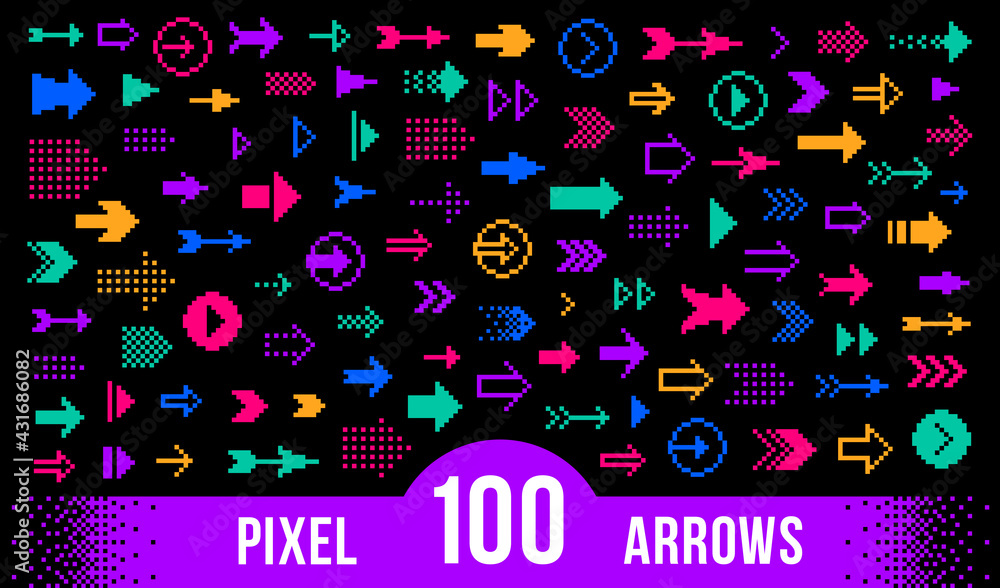 8 Bit pixel arrows vector big set of icons, collection of arrow ...