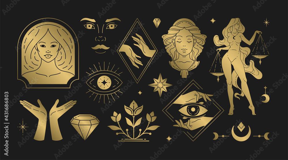 Magic woman boho vector illustrations of graceful feminine women and ...