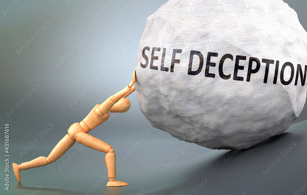 Self deception and painful human condition, pictured as a wooden human ...