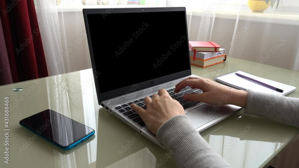 The girl working at home office hands on keyboard. Alpha channel ...