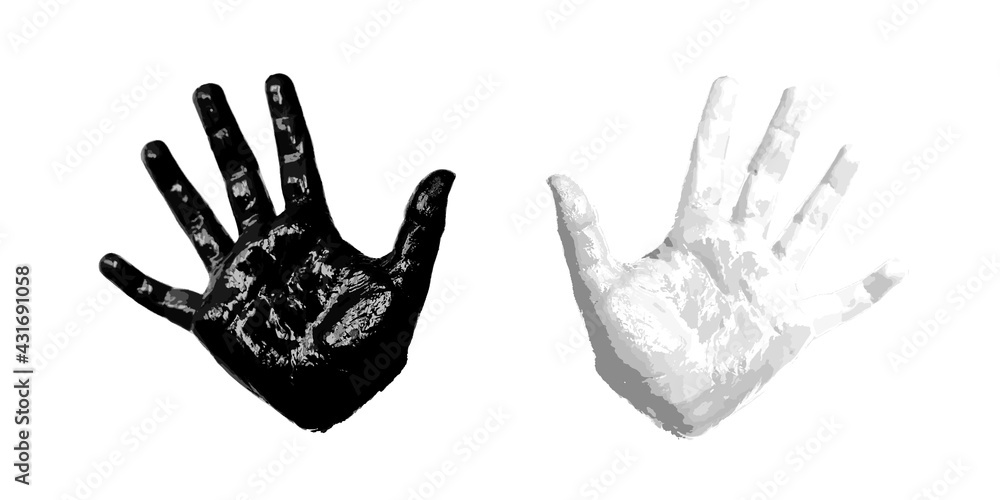 Hand kid print 3D, isolated white background. Black white paint human ...