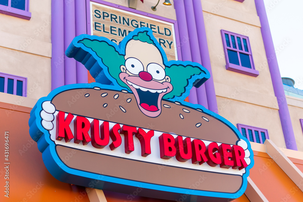 LA, USA - 2nd November 2018: Krusty Burger sign and restaurant at ...