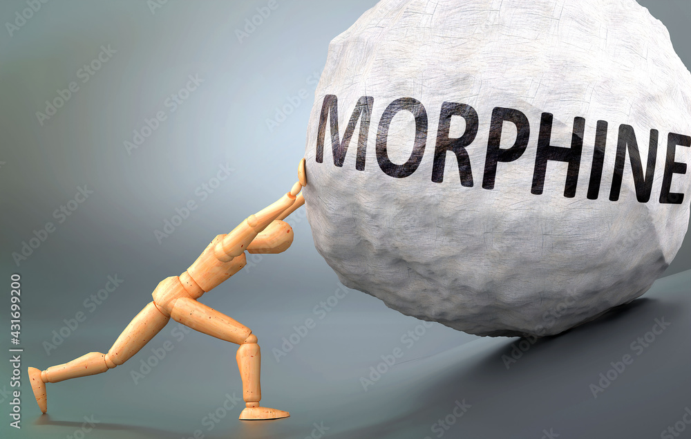 Morphine and painful human condition, pictured as a wooden human figure ...
