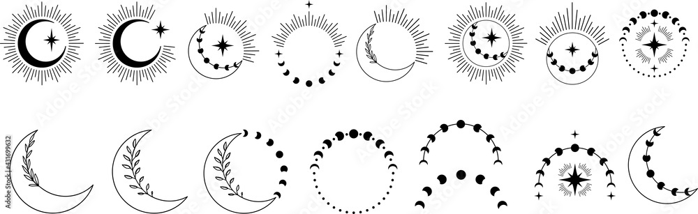 Vector illustration set of moon phases. Mysterious moon activity stages ...