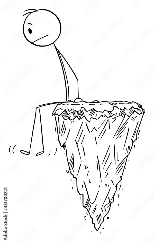 Man Sitting Alone Lost on Flying Rock, Vector Cartoon Stick Figure ...